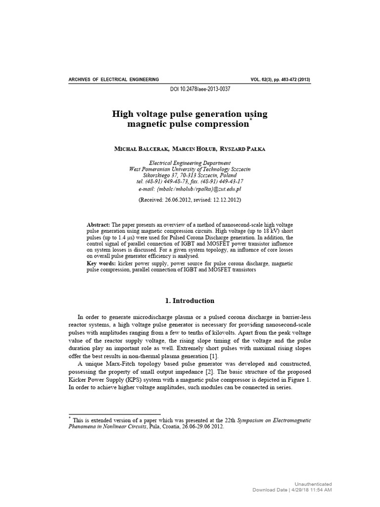 (Archives of Electrical Engineering) High Voltage Pulse Generation Using Magnetic Pulse ...