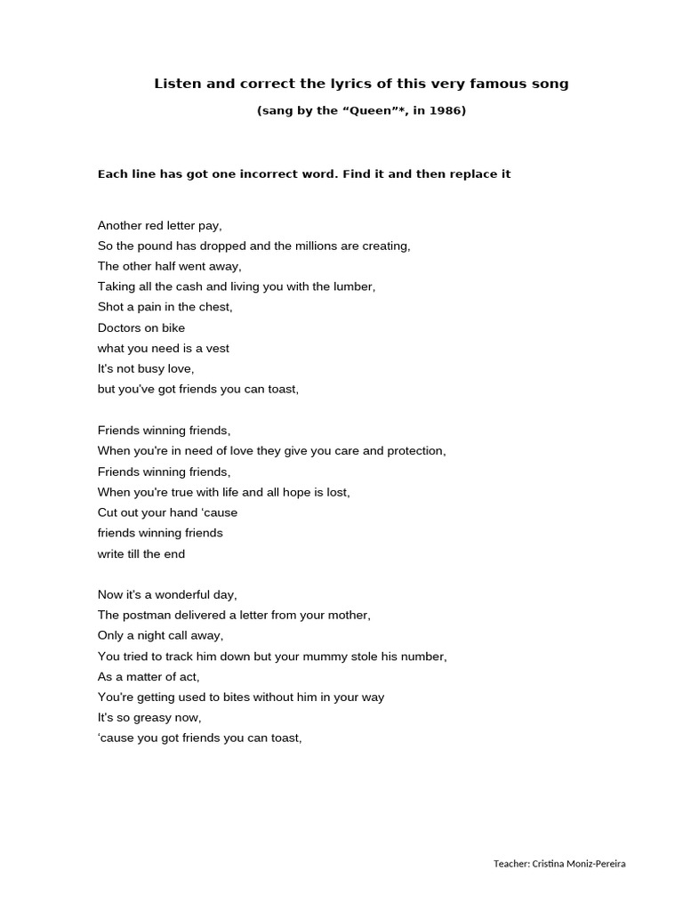 Correct The Lyrics Friends Will Be Friends Pdf