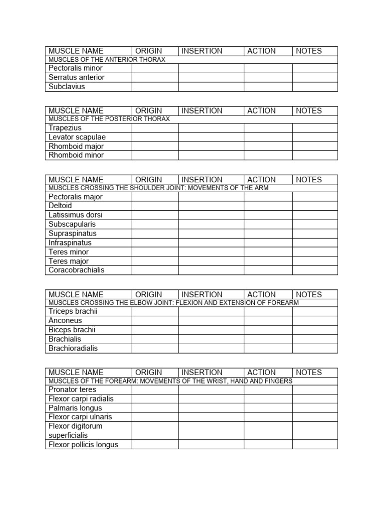 Upper Limb Muscle Tables Activity PDF | PDF