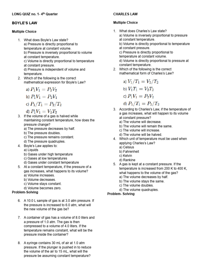 LONG QUIZ Boyle's Law, Charles Law | PDF | Gases | Temperature