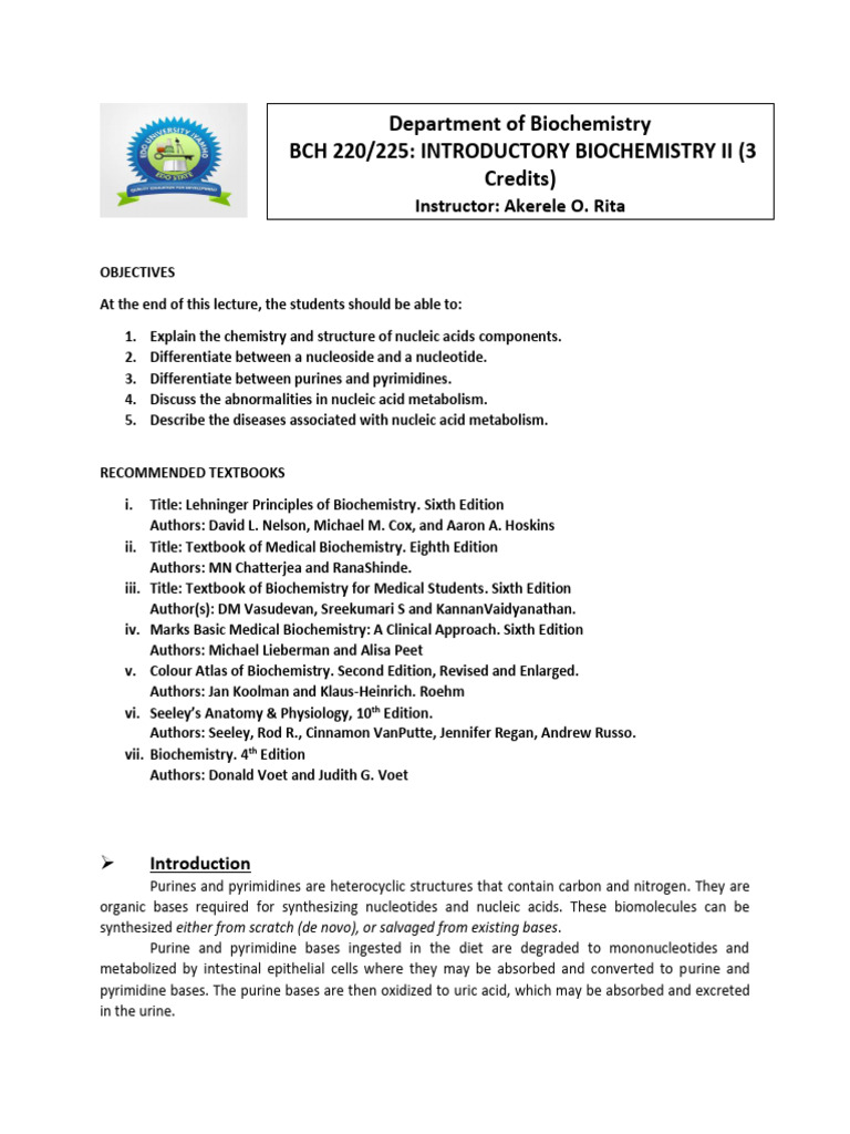 BCH 220 Introduction To Purine and Pyrimidine Metabolism | PDF ...