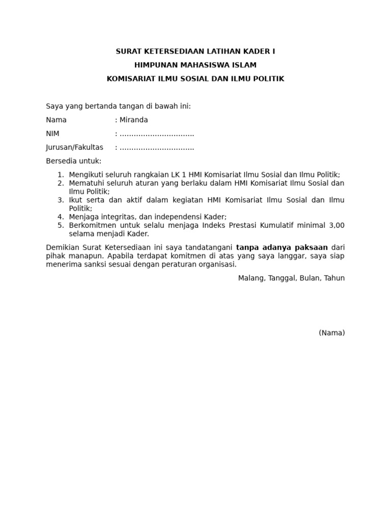 SURAT KETERSEDIAAN LATIHAN KADER I | PDF