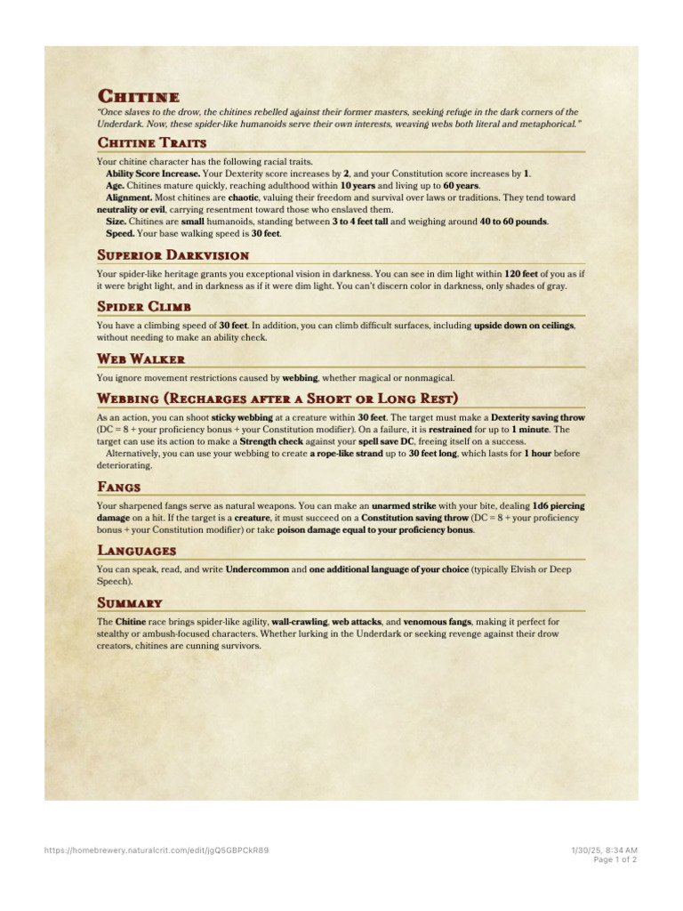 Chitine Race Traits for RPG Characters | PDF