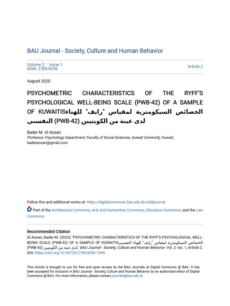 Psychometric Characteristics of The Ryff - S Psychological Well-Bei | PDF