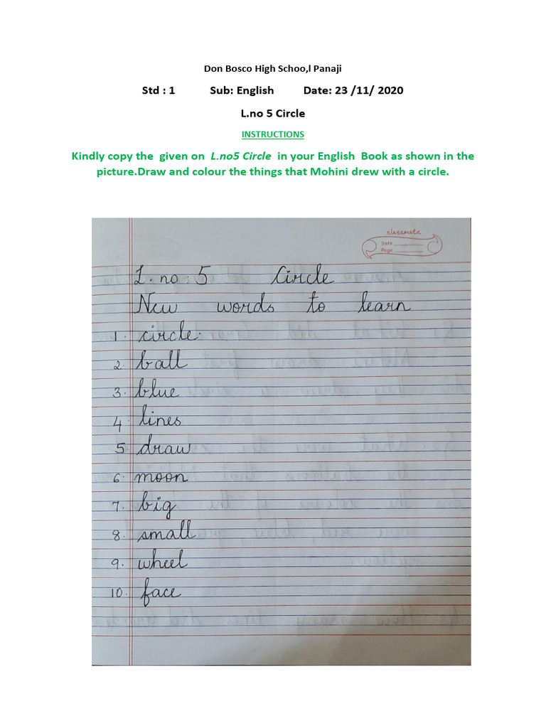 STD 1 L No5 Circle English | PDF