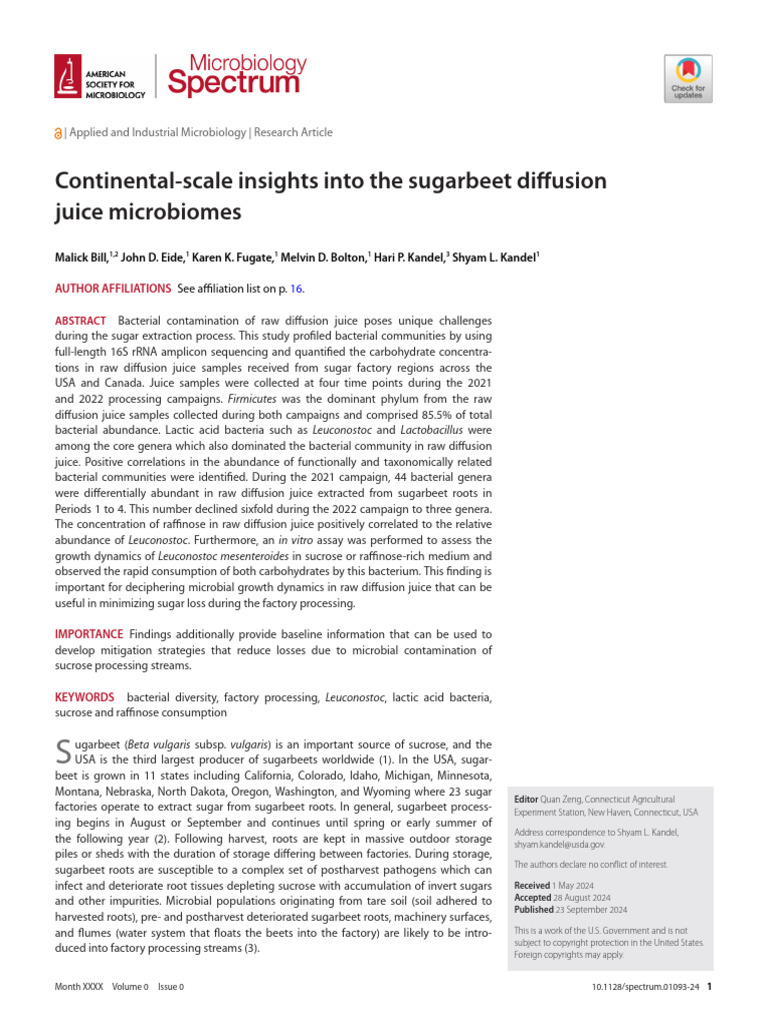 Bill Et Al 2024 Continental Scale Insights Into The Sugarbeet Diffusion Juice Microbiomes | PDF ...