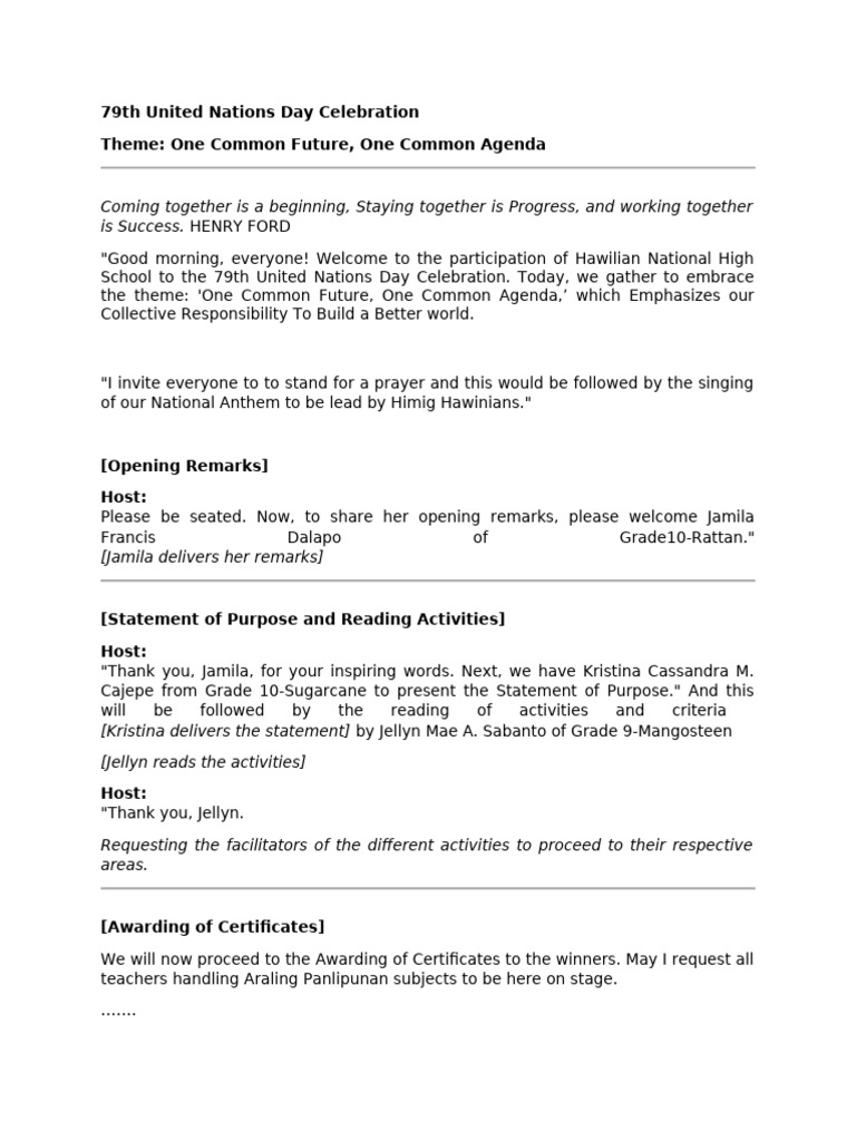 79th United Nations Day Celebration Script | PDF