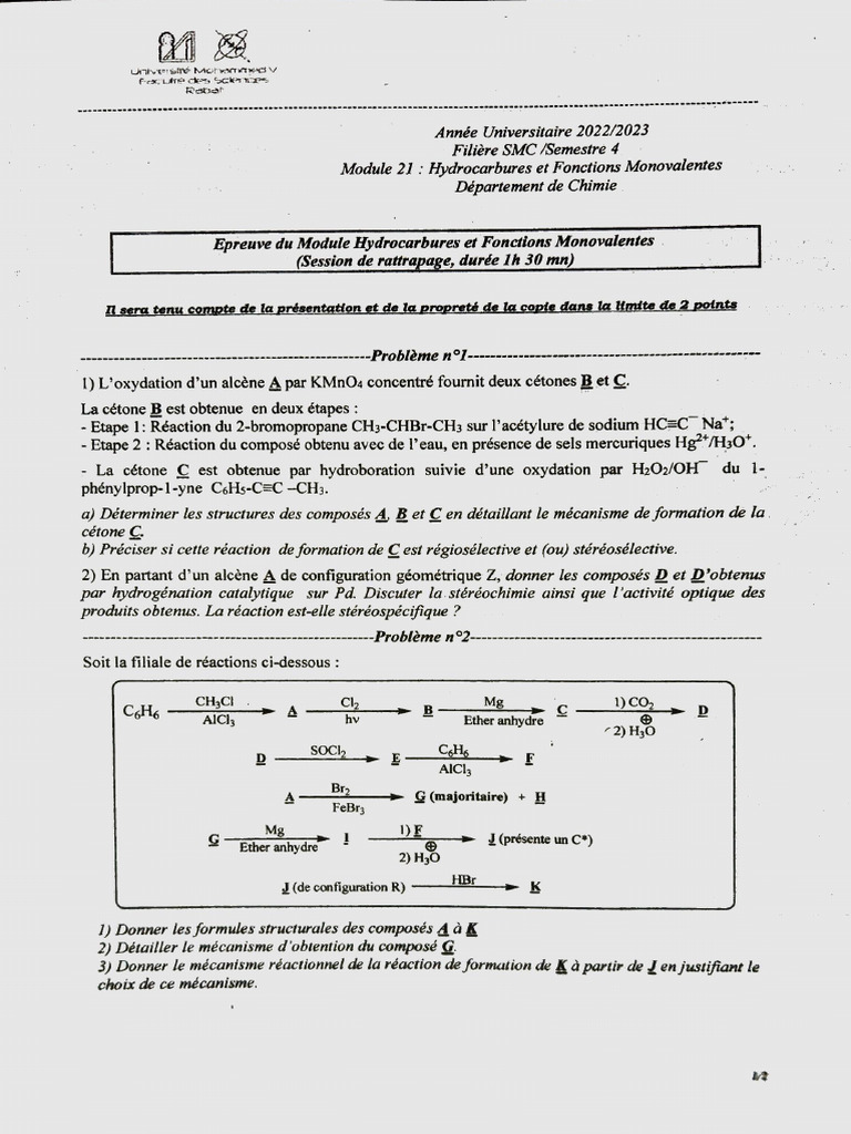 Épreuve de Chimie : Hydrocarbures et Réactions | PDF | Alcène | Chimie ...