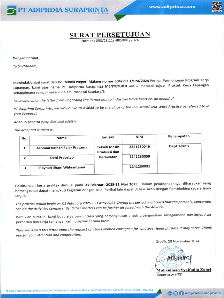 Surat balasan_PT. Adiprima Suraprinta_Polinema | PDF