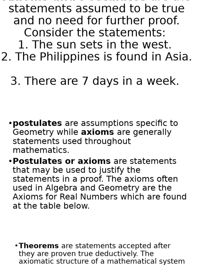 Axioms and Postulates Are The Statements Assumed To | PDF