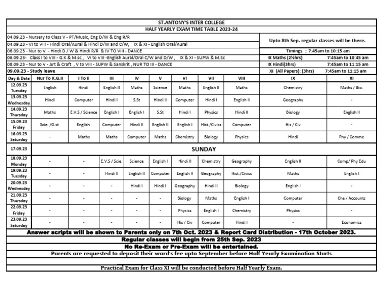 UPDATED - Half Yearly Exam Time Table 2023-24 | PDF | Science