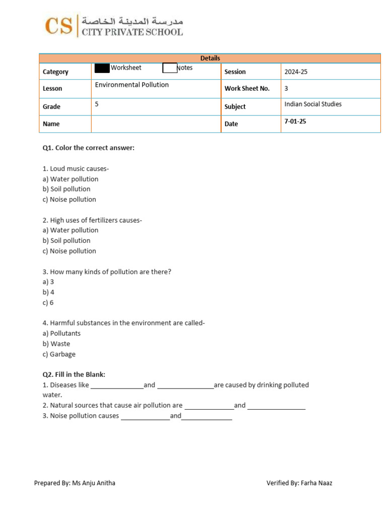 Grade 5 Environmental Pollution Worksheet | PDF