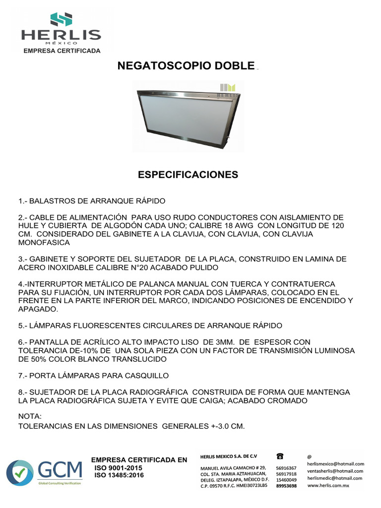 Negatoscopio Doble HM222: Especificaciones Técnicas | PDF