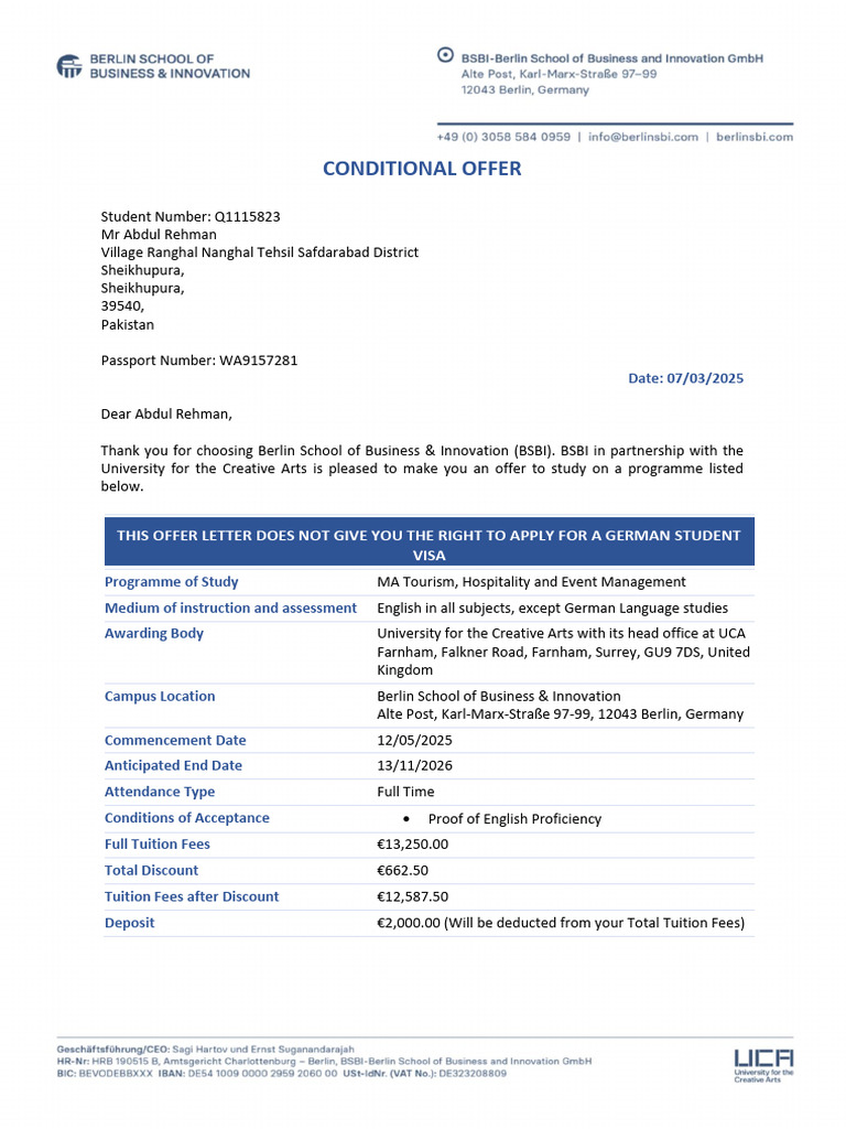 Conditional Offer Letter BSBI | PDF | Cost Of Living | Travel Visa