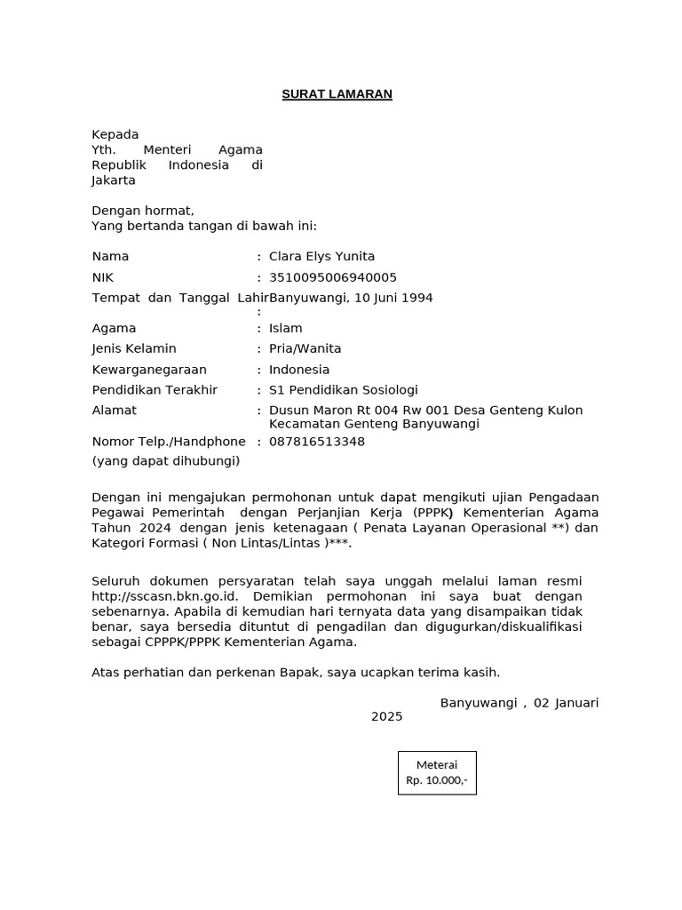 Surat Lamaran PPPK Kementerian Agama | PDF