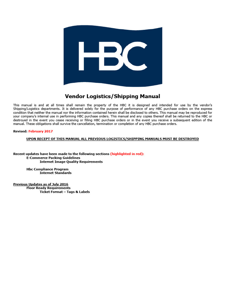 HBC Domestic Vendor Shipping Manual February 2017 (1) | PDF ...