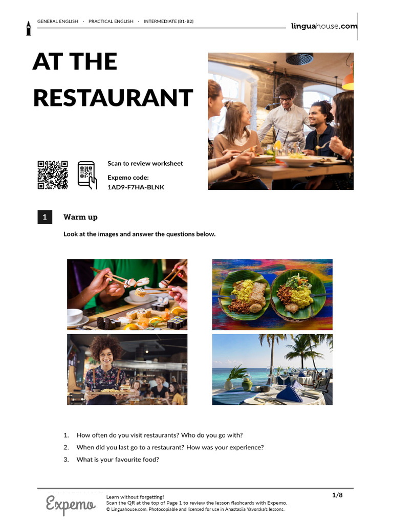 At The Restaurant British English Teacher 1 | PDF | Waiting Staff | Restaurants