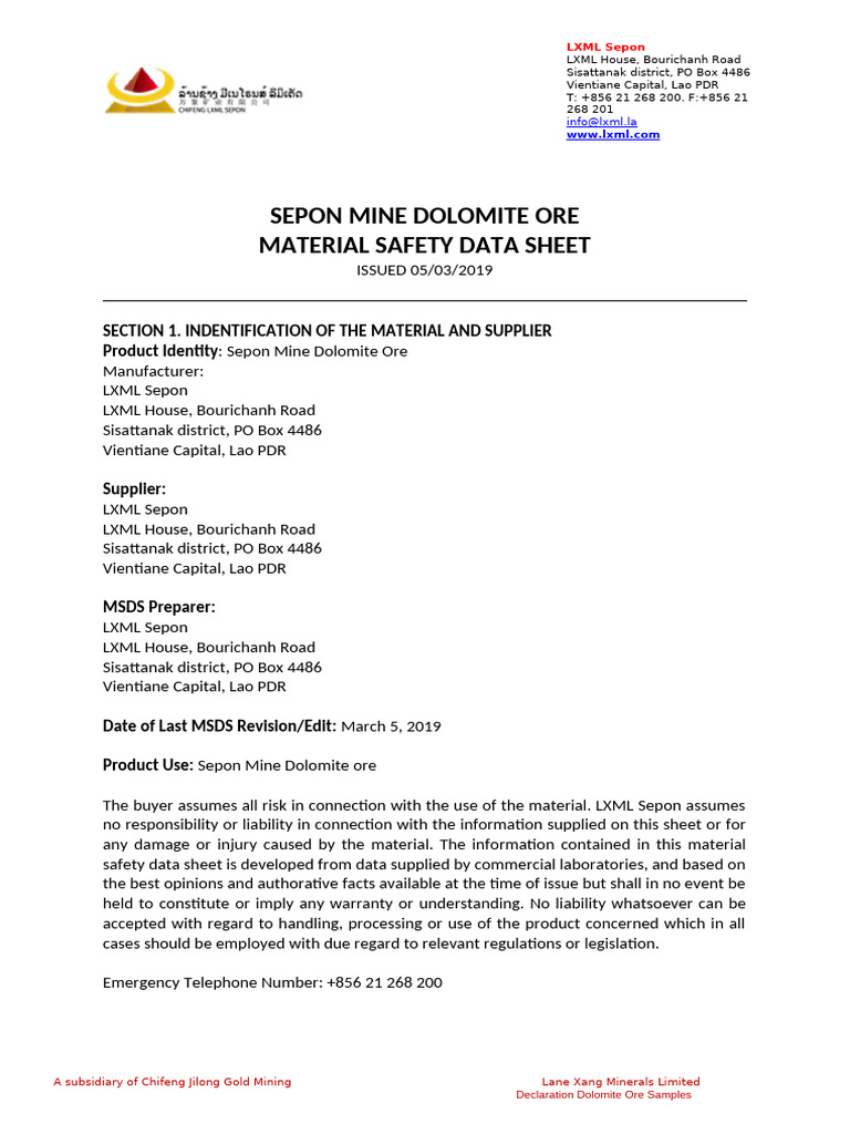 MSDS SEPON MINE DOLOMITE ORE | PDF | Dangerous Goods | Silicon Dioxide