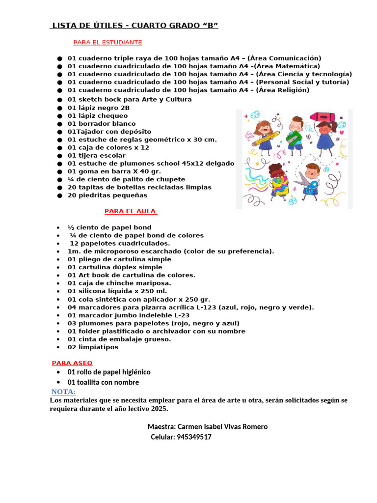 Útiles Escolares Cuarto Grado B 2025 | PDF