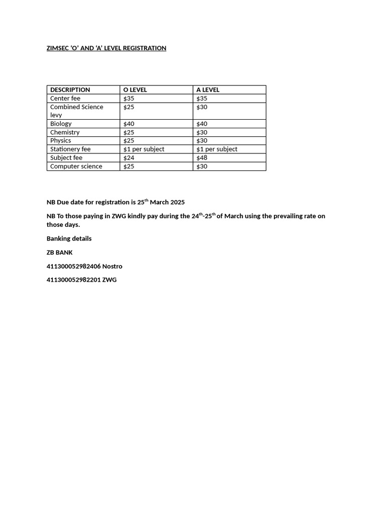 ZIMSEC O/A Level Registration Fees 2025 | PDF