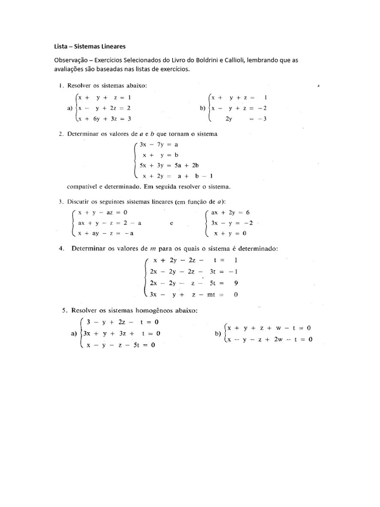 Lista - Sistemas Lineares | PDF