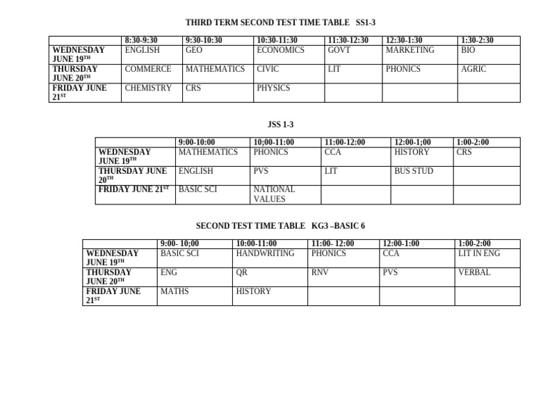 Third Term Second Terst Time Table | PDF