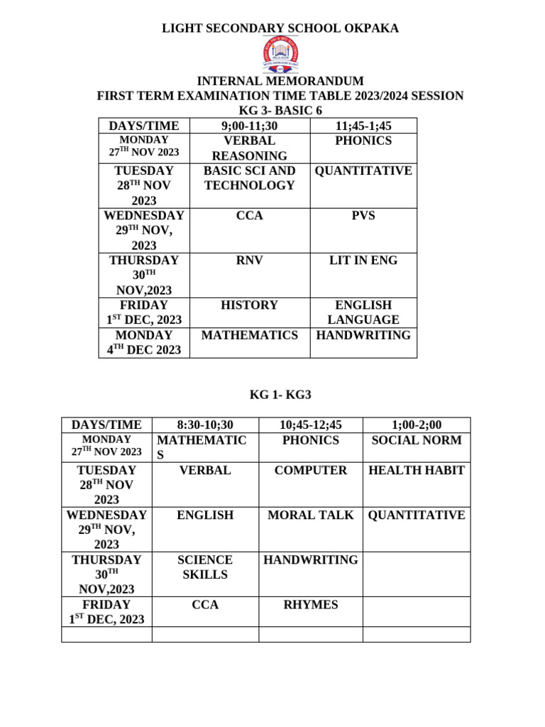 Time Table For Primary and KG | PDF
