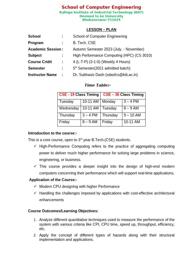 HPC Module Wise Lession Plan For Autumn 2023 July - Dec | PDF | Central Processing Unit ...