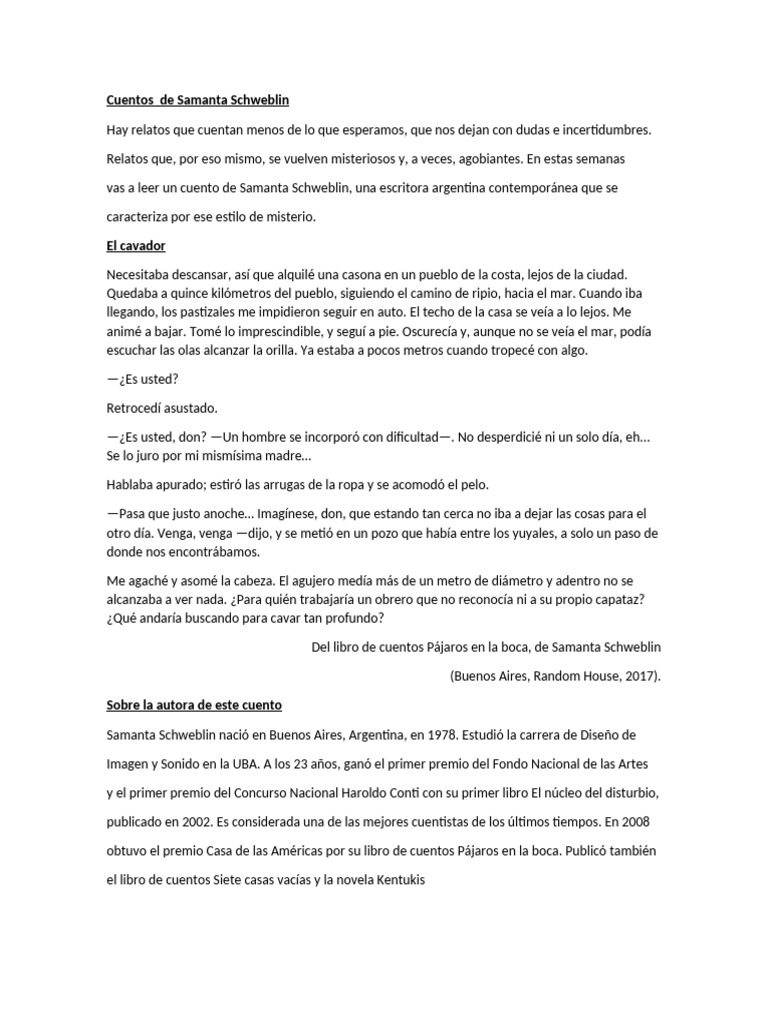 Cuentos de Samanta Schweblin: El Cavador | PDF | Cuentos