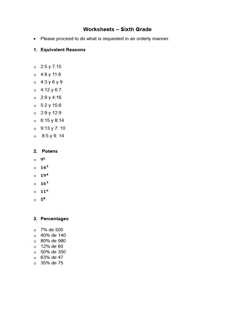 Sixth Grade Math Worksheets | PDF