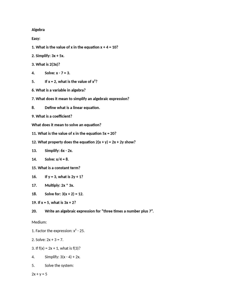 Algebra Problem Set: Easy to Difficult | PDF | Equations | Earth Sciences