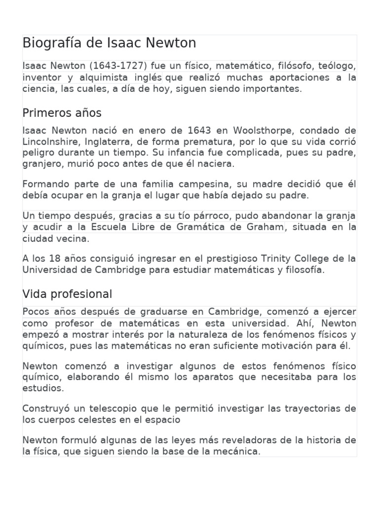 Biografía de Isaac Newton y sus descubrimientos | PDF | Isaac Newton ...