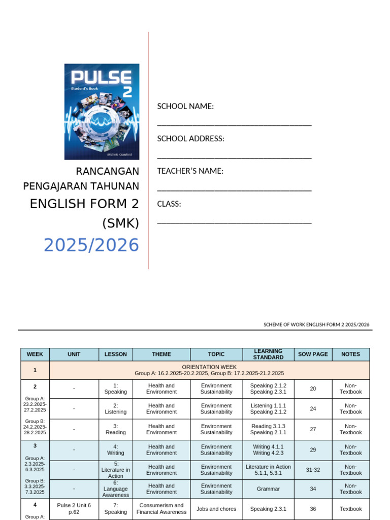 RPT English Form 2 (SMK) 2025-2026 by Rozayusacademy | PDF | Grammar | English Language