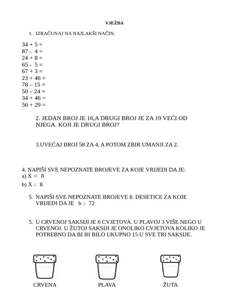 Brojevi Do 100 Sabiranje I Oduzimanje | PDF