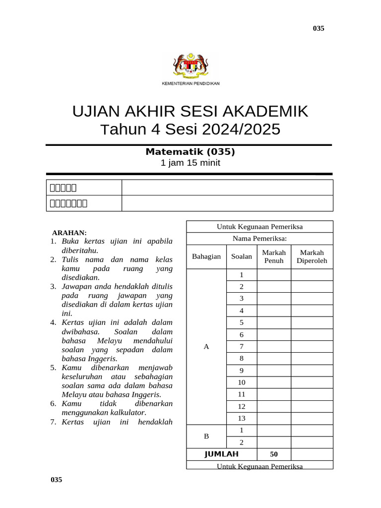 Kertas Soalan Uasa Tahun 4 2024-25 | PDF