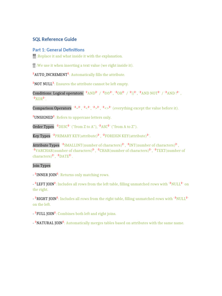 SQL Reference Guide Updated-1 | PDF | Database Index | Table (Database)
