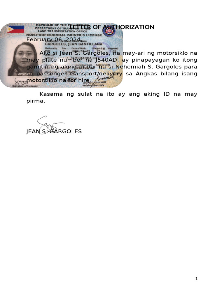 Authorisation Letter To Use Motorcycle - Lalamove | PDF