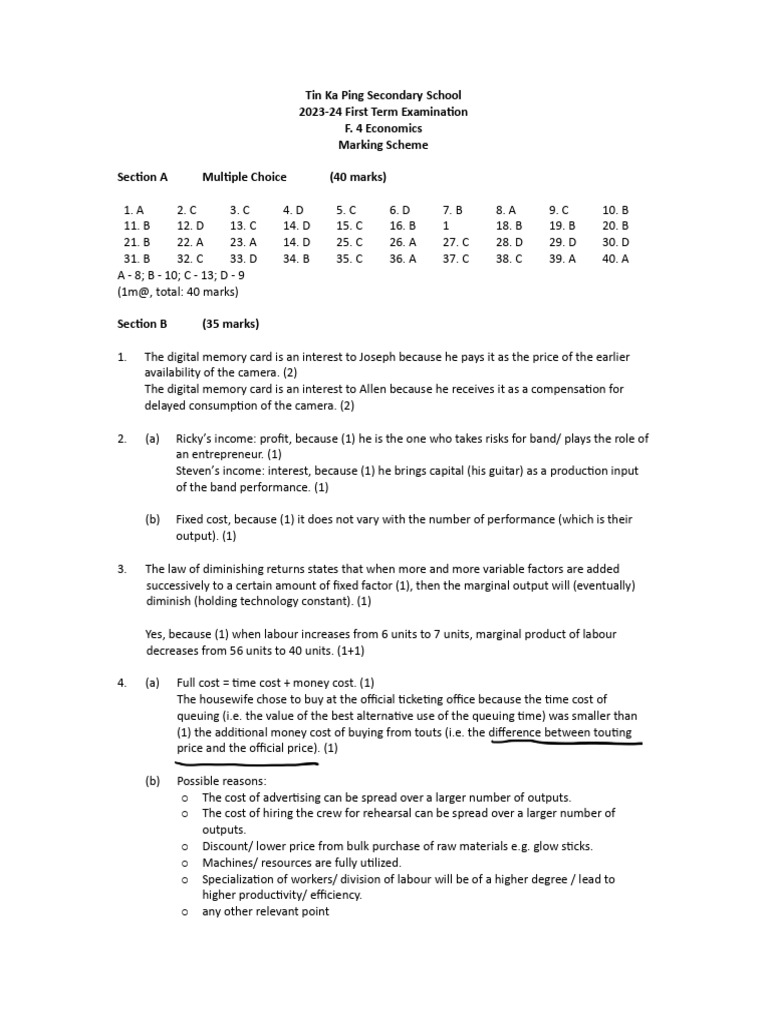 2023 F.4 Economics Marking Scheme | PDF | Labour Economics | Employment
