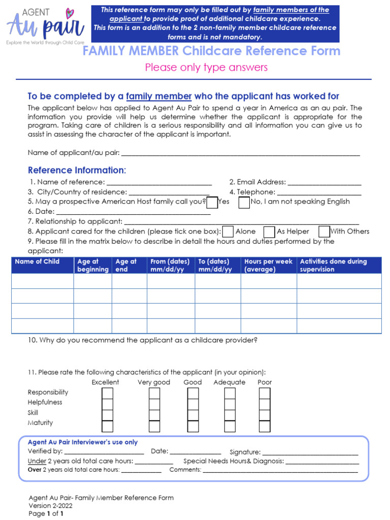 Family Member Childcare Reference Form | PDF | Child Care | Family