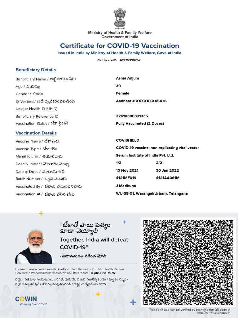 COVID-19 Vaccination Certificate India | PDF | Microbiology | Medicine