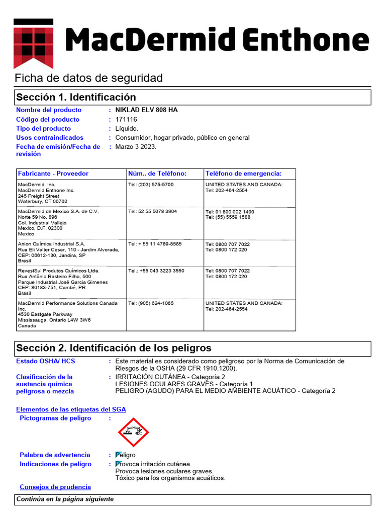 Ficha de Seguridad NIKLAD ELV 808 HA | PDF | Agua | Amoníaco