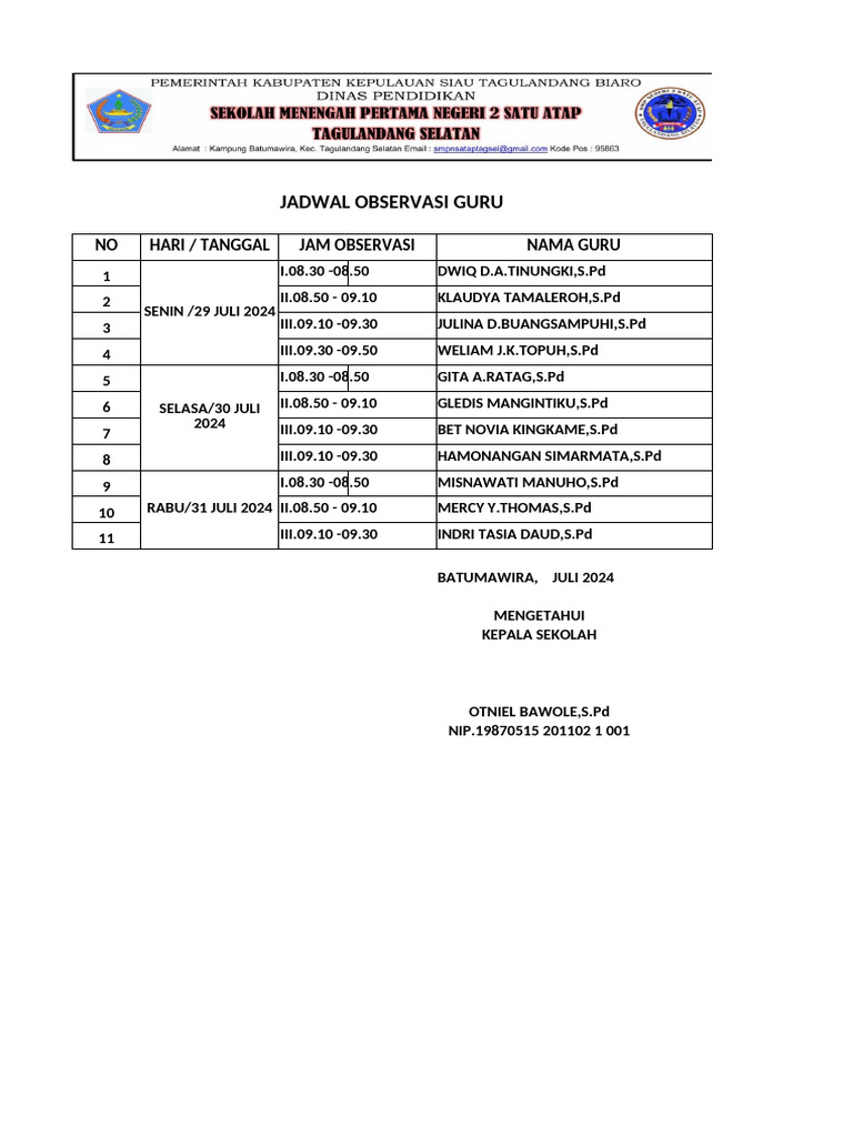 Jadwal Observasi Guru Juli 2024 | PDF