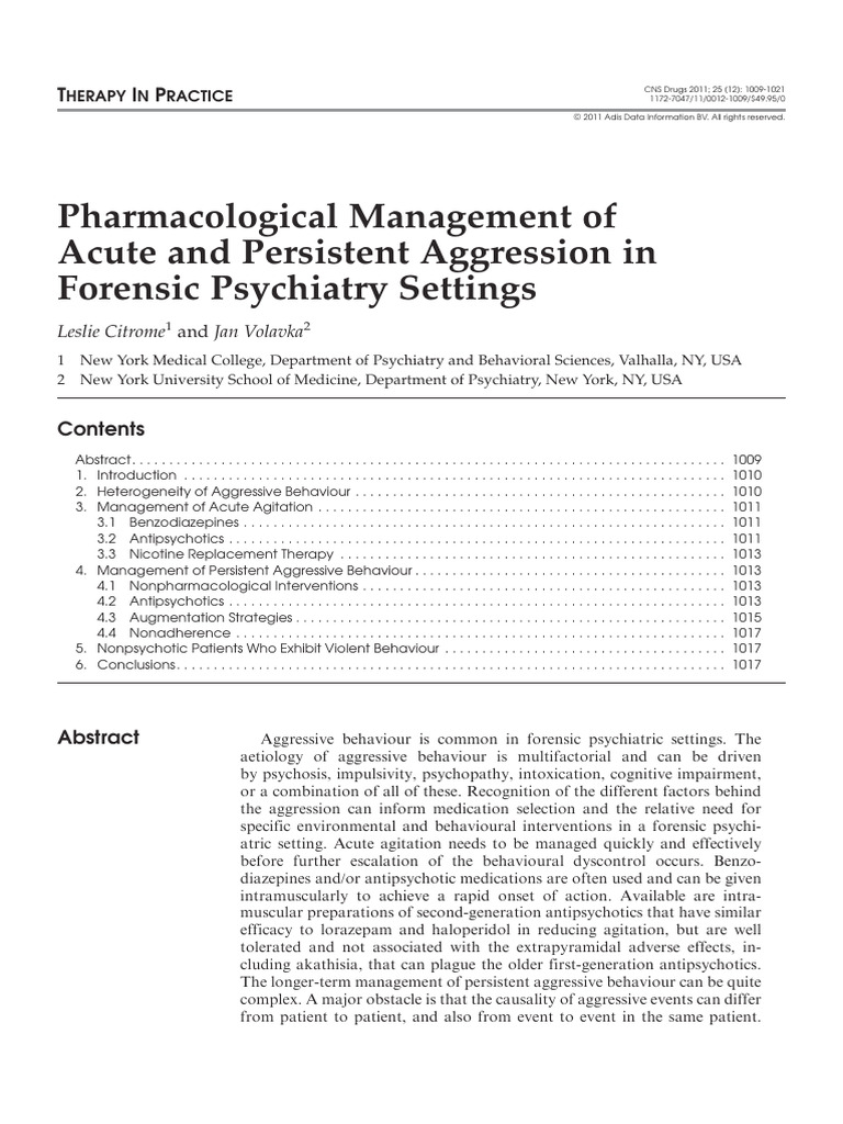 Pharmacological Management of Acute and Persistent Aggression in ...