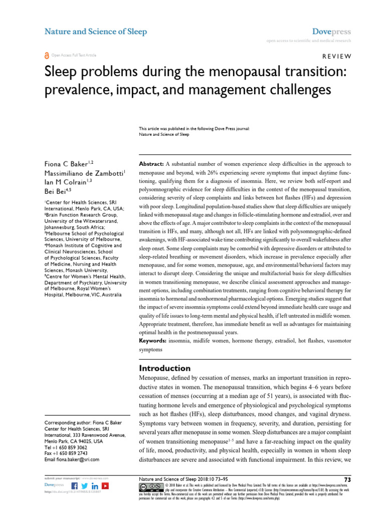 Sleep Problems During The Menopausal Transition - Prevalence, Impact ...