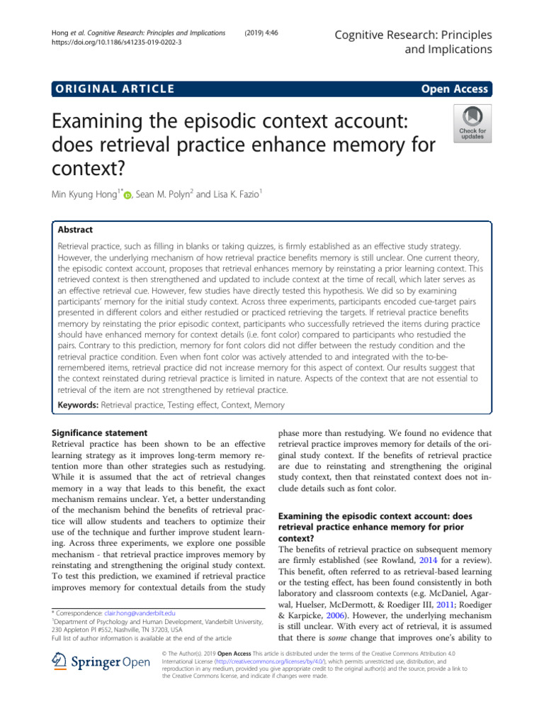 Examining The Episodic Context Account Does Retrieval Practice Enhance ...
