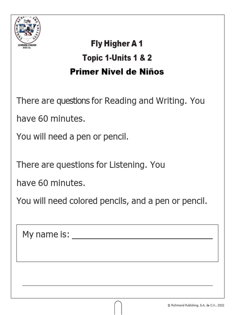 Fly Higher A1 Workbook Overview | PDF