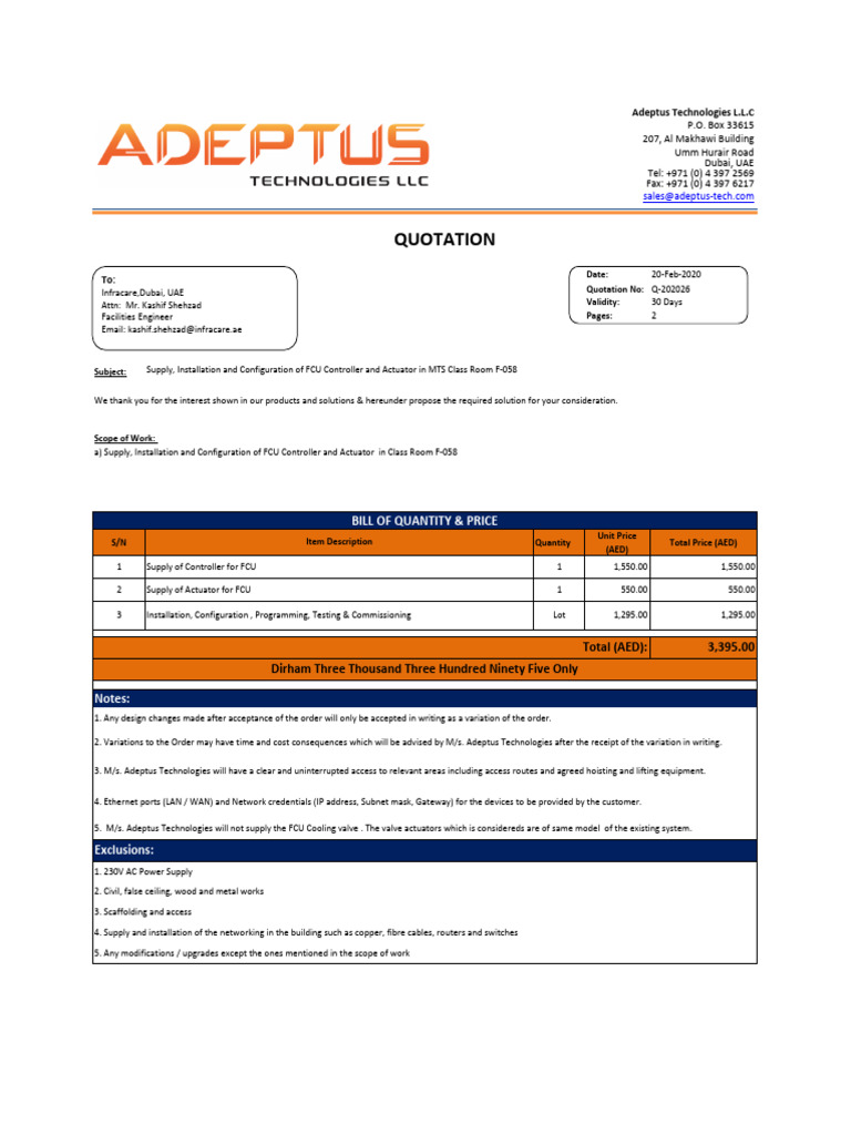 FCU Controller Quotation for Dubai Class Room | PDF | Computer Network ...