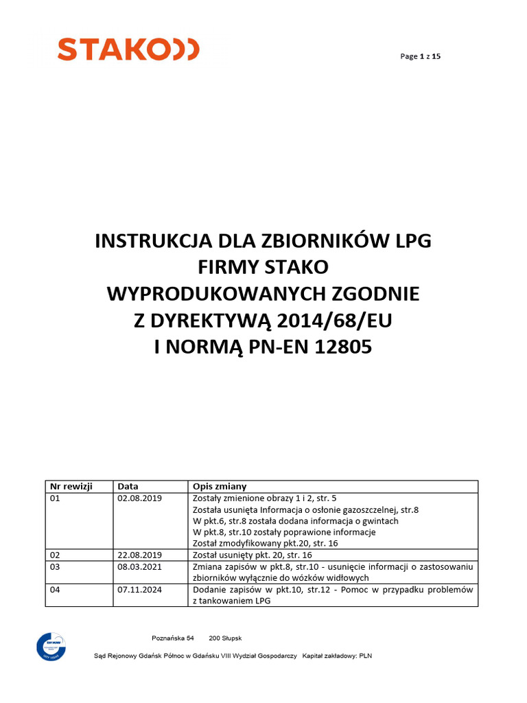 STAKO Instrukcja Dla Zbiorników LPG Wyprodukowanych Zgodnie Z Dyrektywą ...