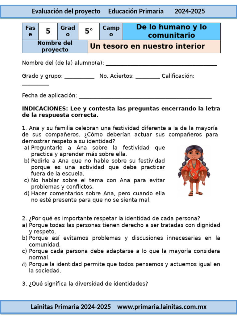 5to Grado Marzo - Examen 01 Un Tesoro en Nuestro Interior (2024-2025) | PDF