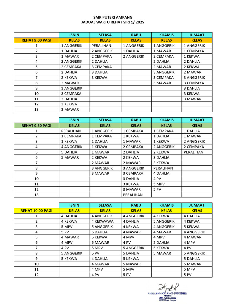 Jadwal Waktu Rehat SMK Puteri Ampang 2025 | PDF